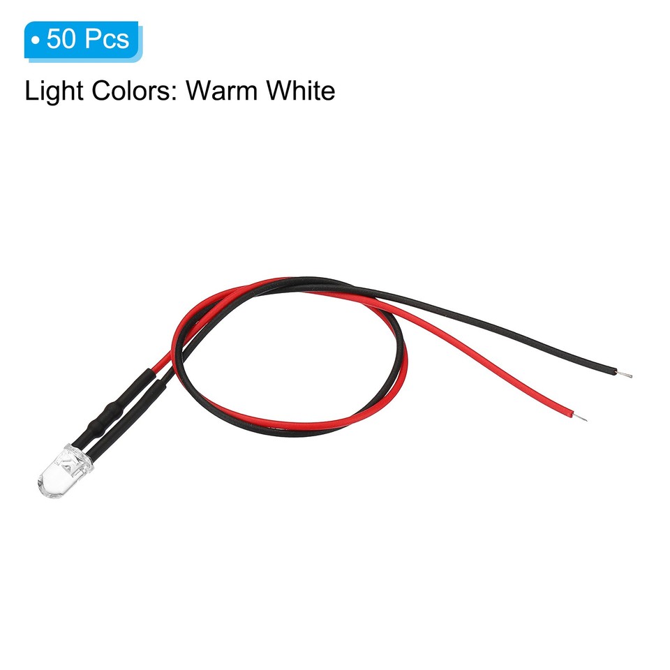 50 Pack 3V-6V 5mm LED Light Emitting Diodes Pre Wired LED Lights Bulb ...