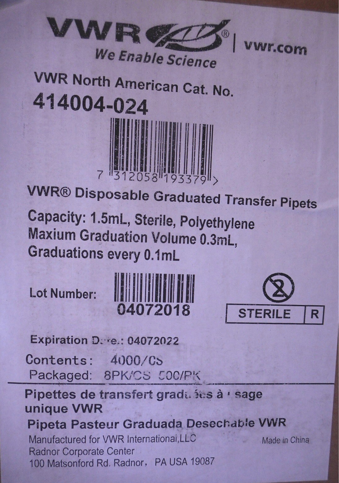 VWR Plastic Disposable 1.5mL Transfer Pipets Graduated Thin Stem ...