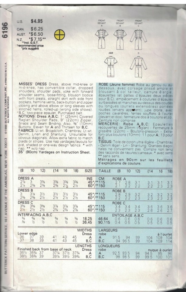 6196 UNCUT Vintage Butterick SEWING Pattern Misses Dress Double ...