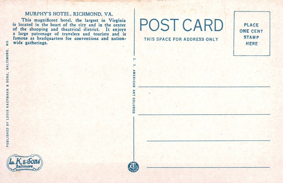 Richmond Va. Murphy Hotel Vintage Postcard | eBay