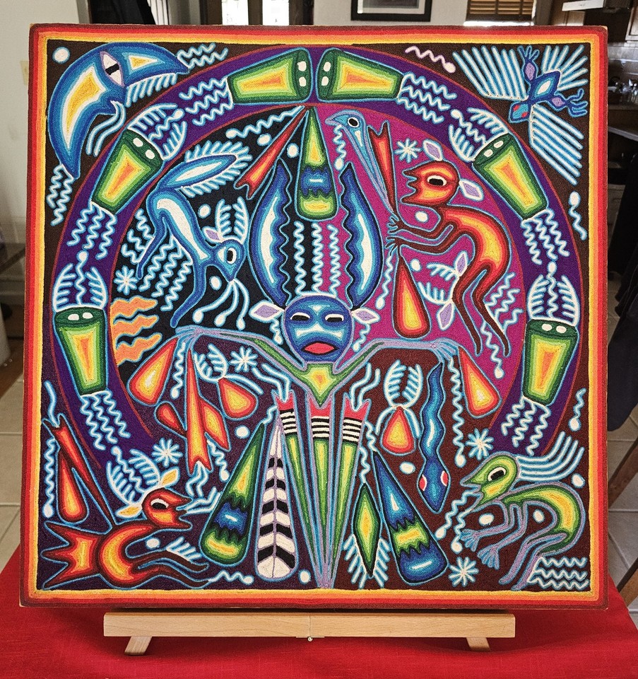 RARE "JIKURI SACRED PEYOTE" Huichol Yarn Painting Indigenous Mexico ...