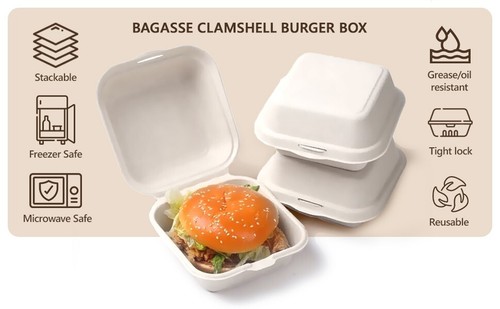 Bagasse Burger Box 6" x 6" Takeaway Food Containers Boxes Eco ...