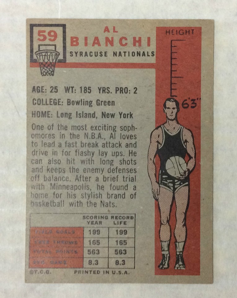 1957 Topps #59 Al Bianchi Basketball Rookie SP Card EX + - NICE CARD | eBay