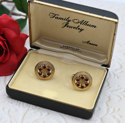 Vintage Anson Karatclad Red Rhinestone Brushed Gold Tone Cuff Links ...