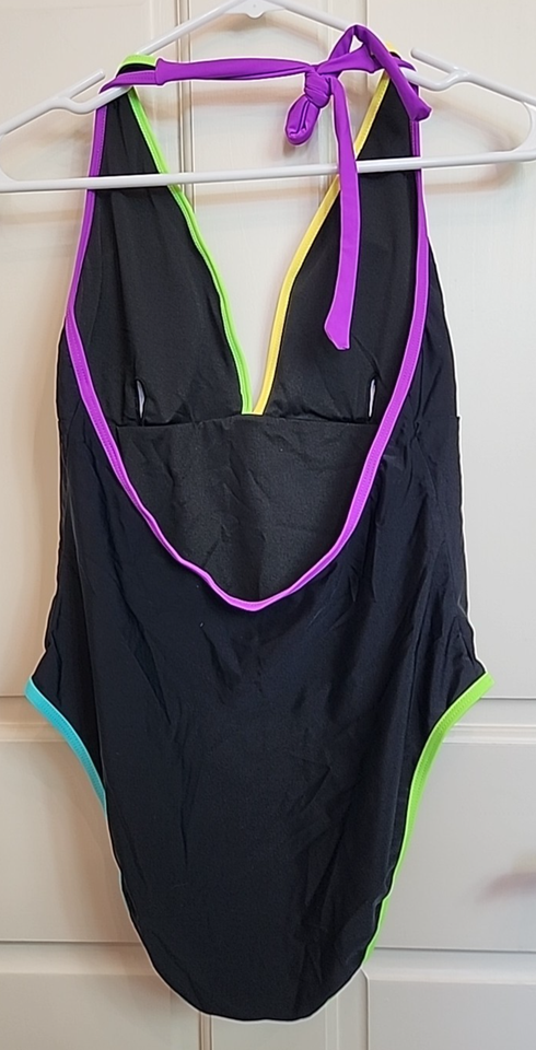 NWOT Black & Neon Colorblock 1 Piece Swimsuit Womens Size XL Tied ...