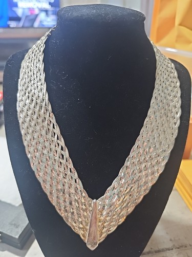 Stunning Statement Sterling Silver V Bib Mesh Necklace 1" Wide 16 ...