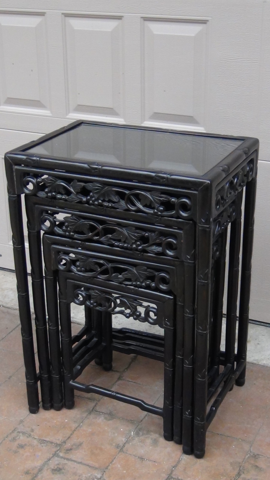 SET OF 4 ANTIQUE 19C CHINESE WOOD CARVED NESTING TABLES WITH GLASS TOP ...