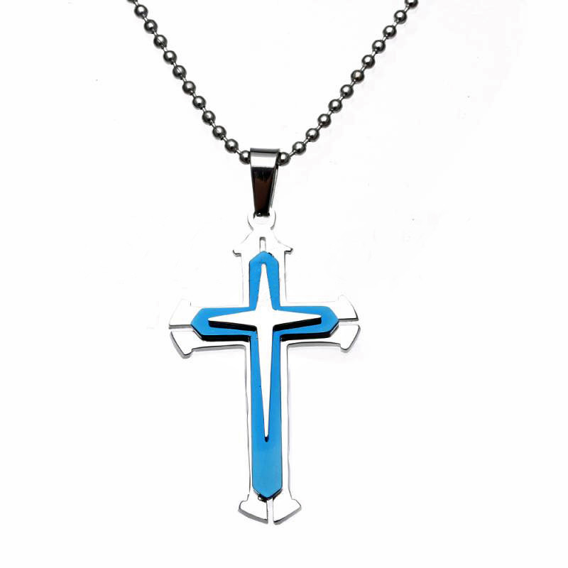NEW Blue & Silver Stainless Steel Cross Pendant Men's Necklace Chain | eBay