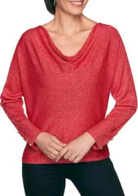 Ruby Rd Women's Paint the Town Red Drape Neck Metallic Sweater, Red, XL ...