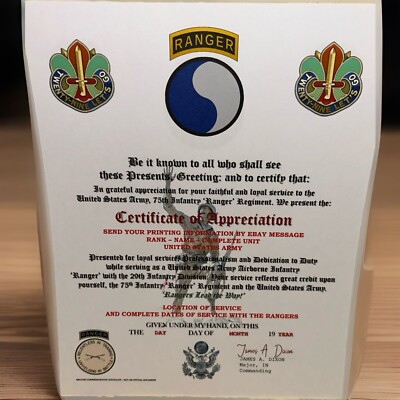 U.S. ARMY RANGER / 29TH INFANTRY DIVISION - CERTIFICATE OF APPRECIATION ...