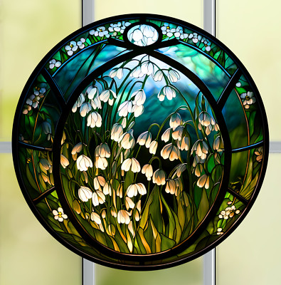 Snow Drop January Flowers Faux Stained-Glass WINDOW CLING Size 8" Round ...