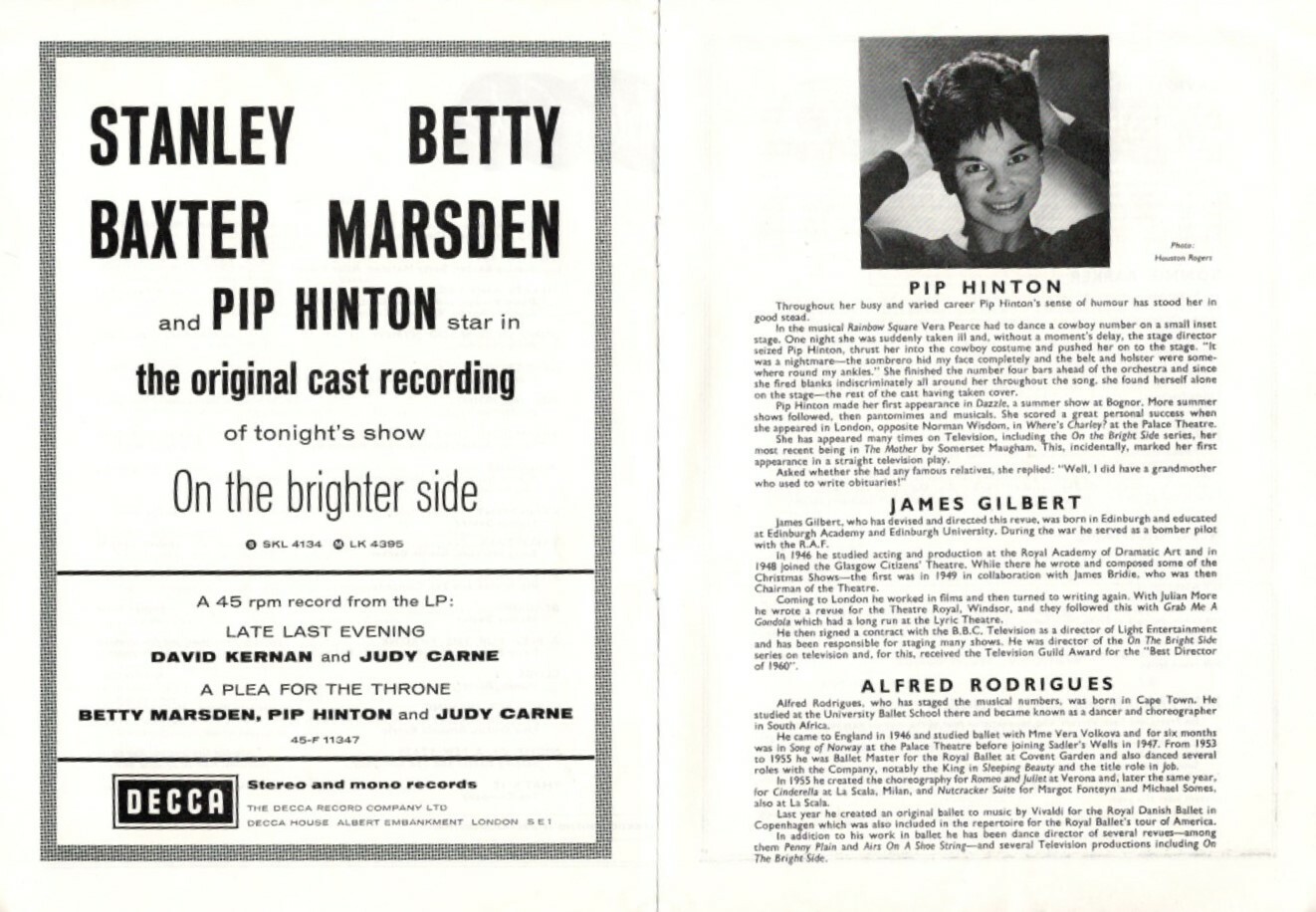 Betty Marsden "ON THE BRIGHTER SIDE" Stanley Baxter 1961 London Opening ...