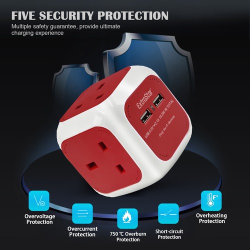 4 Way Electric Extension Lead Power Cube Socket with 2 USB Ports/1.5M ...