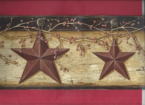 * WALLPAPER BORDER COUNTRY RUSTIC PRIMITIVE TIN BARN STAR BERRY VINES ...