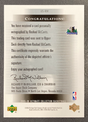 RASHARD McCANTS 2005-06 UD ULTIMATE COLLECTION AUTO - USRM | eBay