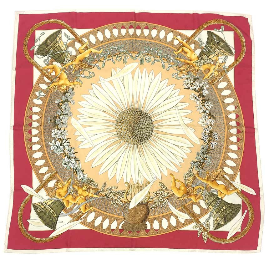 rare item Rare HERMES Carr 90 Scarf AMOURS Love Amore Red Cream Flower ...