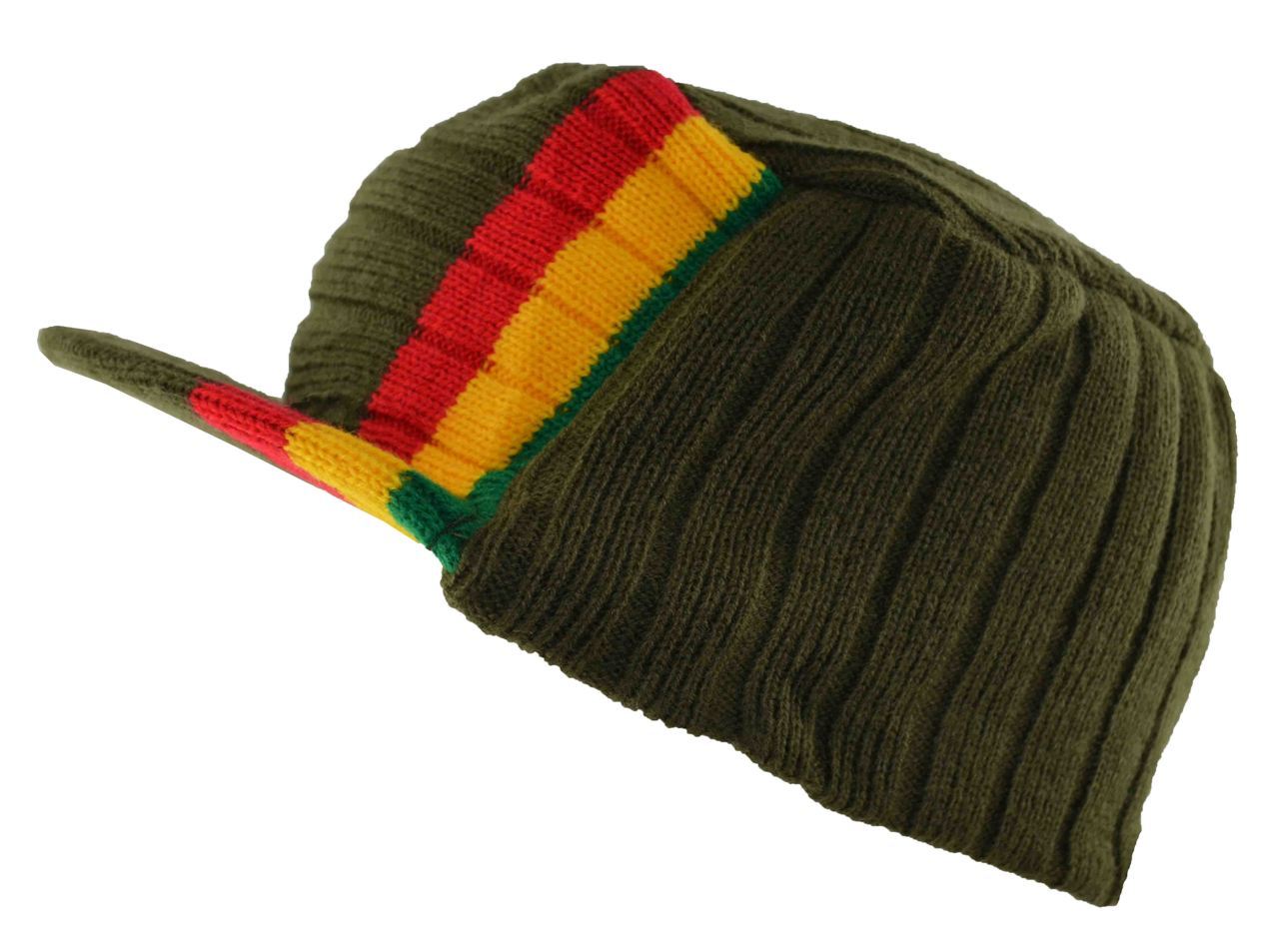 Rasta Visor Beanie Cap Stripe Jamaica Reggae Hat Olive Green Red Yellow ...