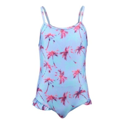 Girls size 6 One piece BATHERS blue palm trees frill swimsuit Body ...