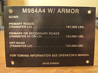 Used M984A1 HEMTT Military Wrecker Data Plate vechile weight | eBay