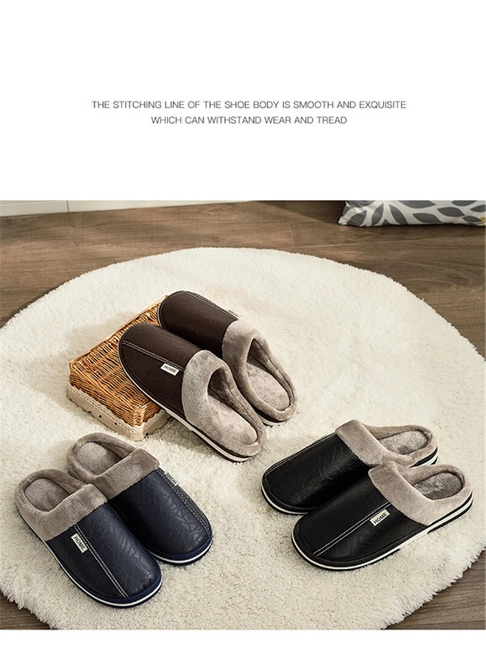 Men Slipper PU Leather Women House Waterproof Warm Fur Slipper Fluffy ...