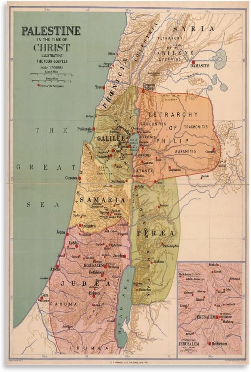1916 Map Palestine in The Time of Christ Christianity Israel Canvas Art ...