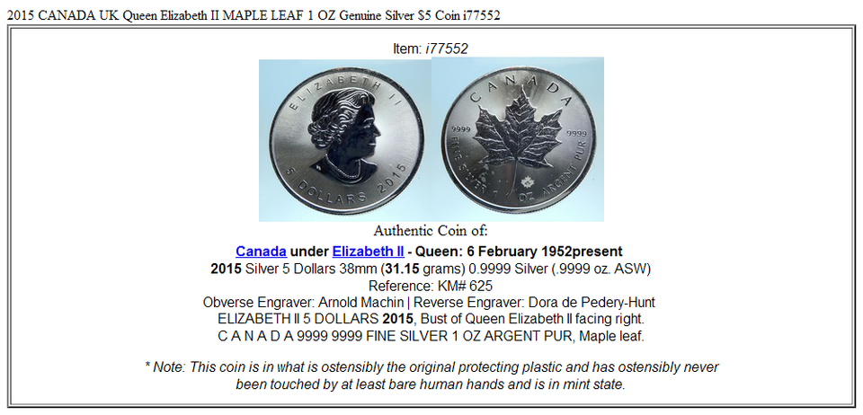 2015 CANADA UK Queen Elizabeth II MAPLE LEAF 1 OZ Genuine Silver $5 ...
