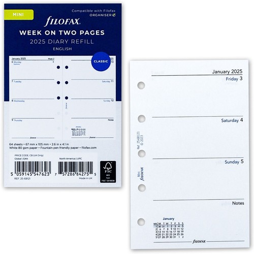 2025 Filofax Mini Size Diary Refill 25-68121 Week on Two Pages, 67mm x ...