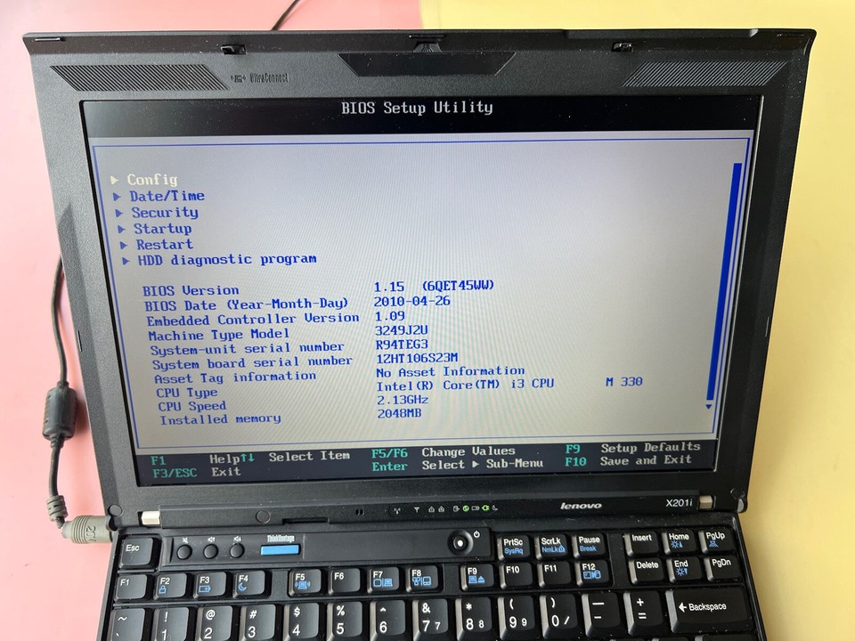 Lenovo Thinkpad X201i Intel Core i3 M330 @ 2.13GHz 2GB RAM 0GB HDD BIOS ...