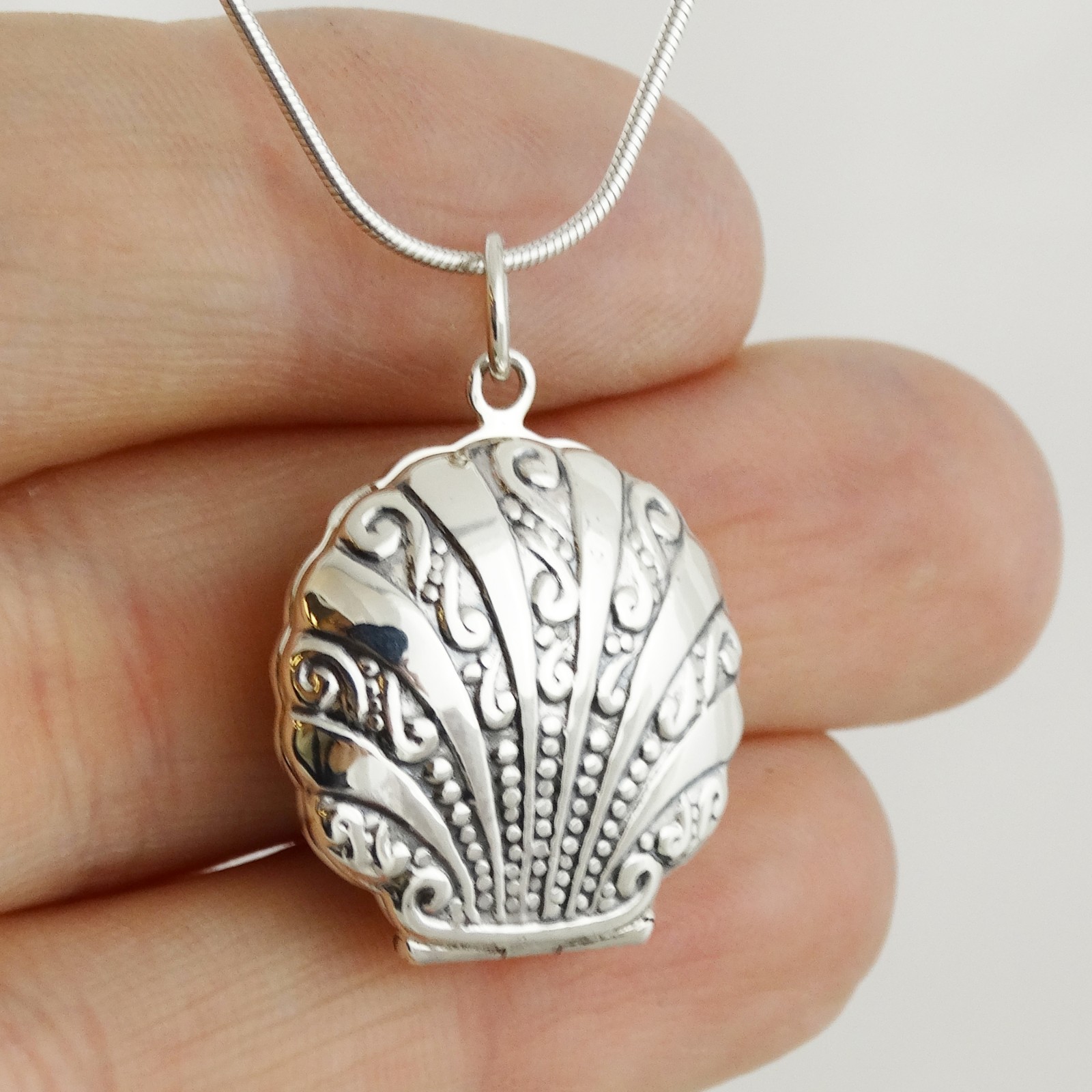 Sterling Silver Filigree Seashell Locket with 18" Snake Chain | eBay