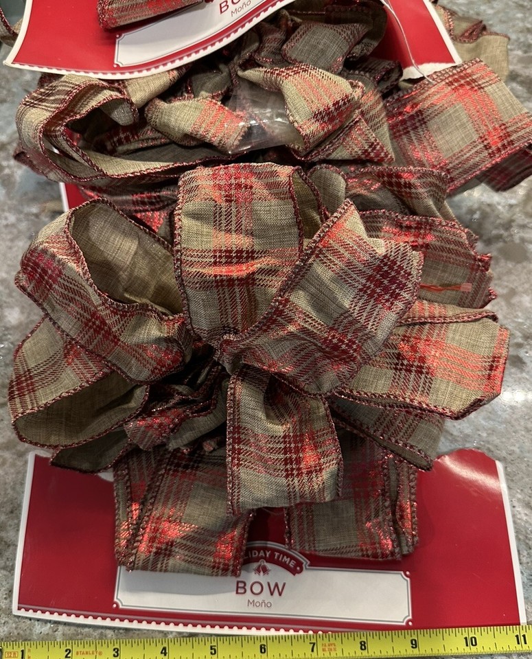 9 Holiday Time XL Bows Red Plaid Glittered And Wired Brand New Good For ...