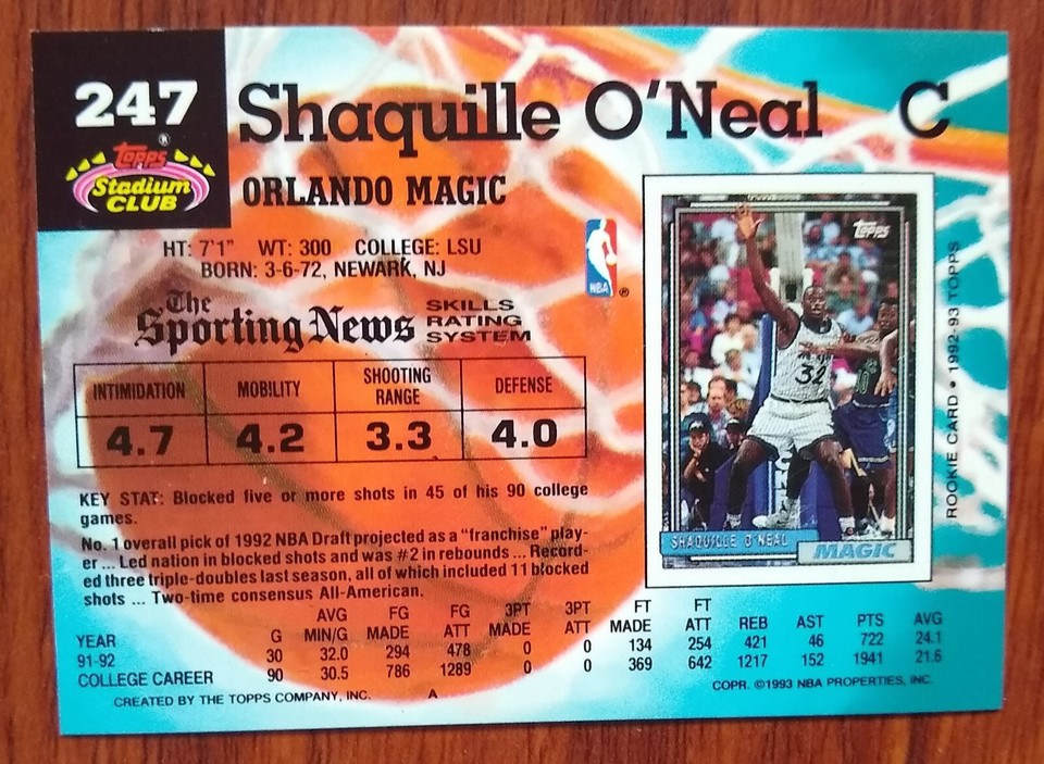 Shaquille SHAQ O’Neal Rookie Card 1992 93 Stadium Club #247 Magic ...
