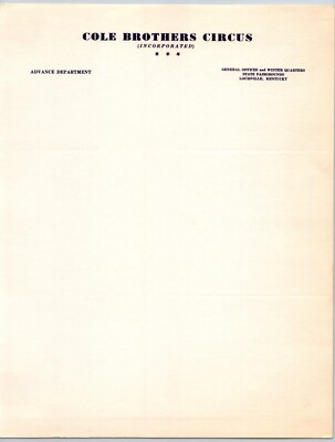 Cole Brothers Circus Letterhead Advance Dept Louisville c1940-49 Scarce ...