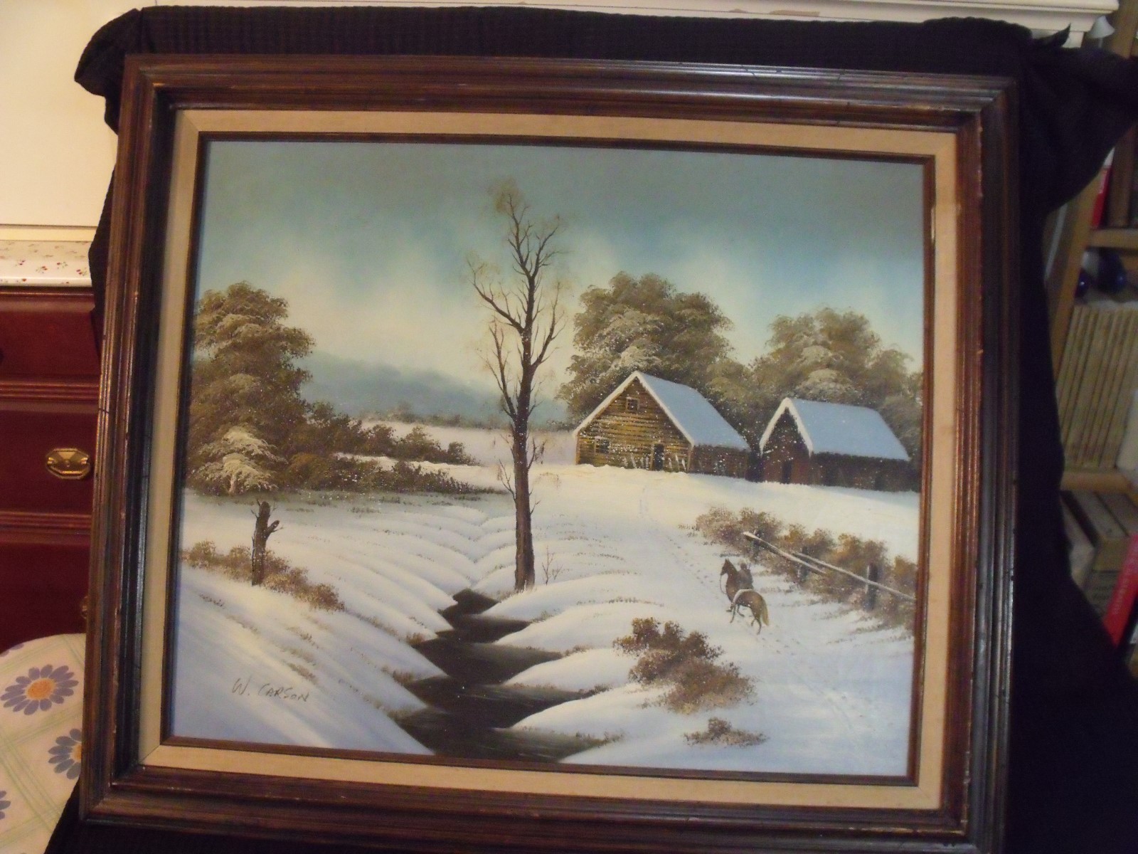 ANTIQUE W. CARSON SIGNED FRAMED 20" BY 24" COUNTRY WINTER OIL PAINTING ...