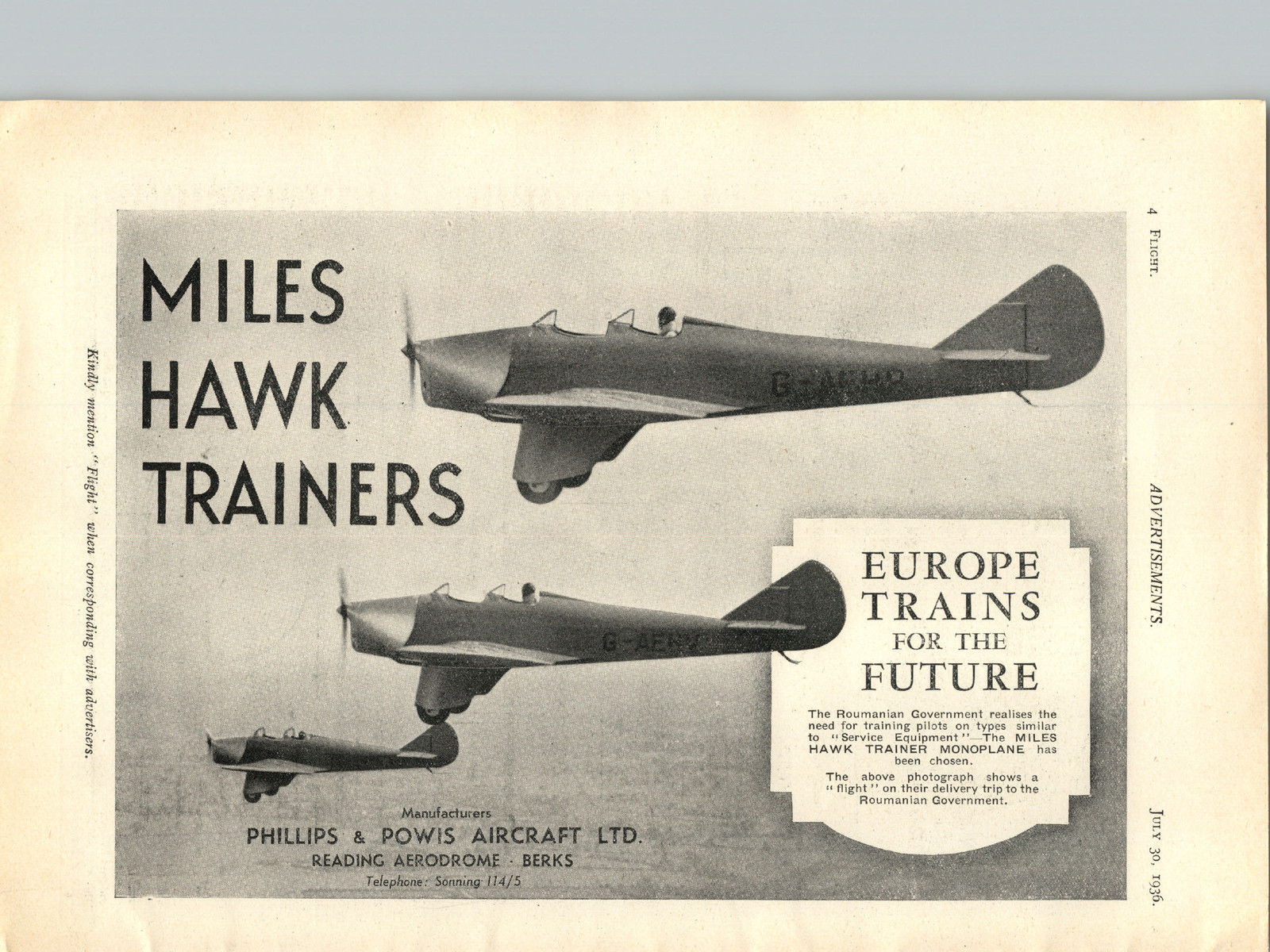 1936 PAPER AD Airplane Miles Haw Training Monoplane Phillips & Powis ...
