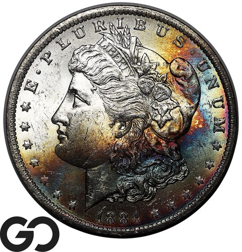 1884-O Morgan Silver Dollar Silver Coin, Eye-Appealing Rainbow Toner ...