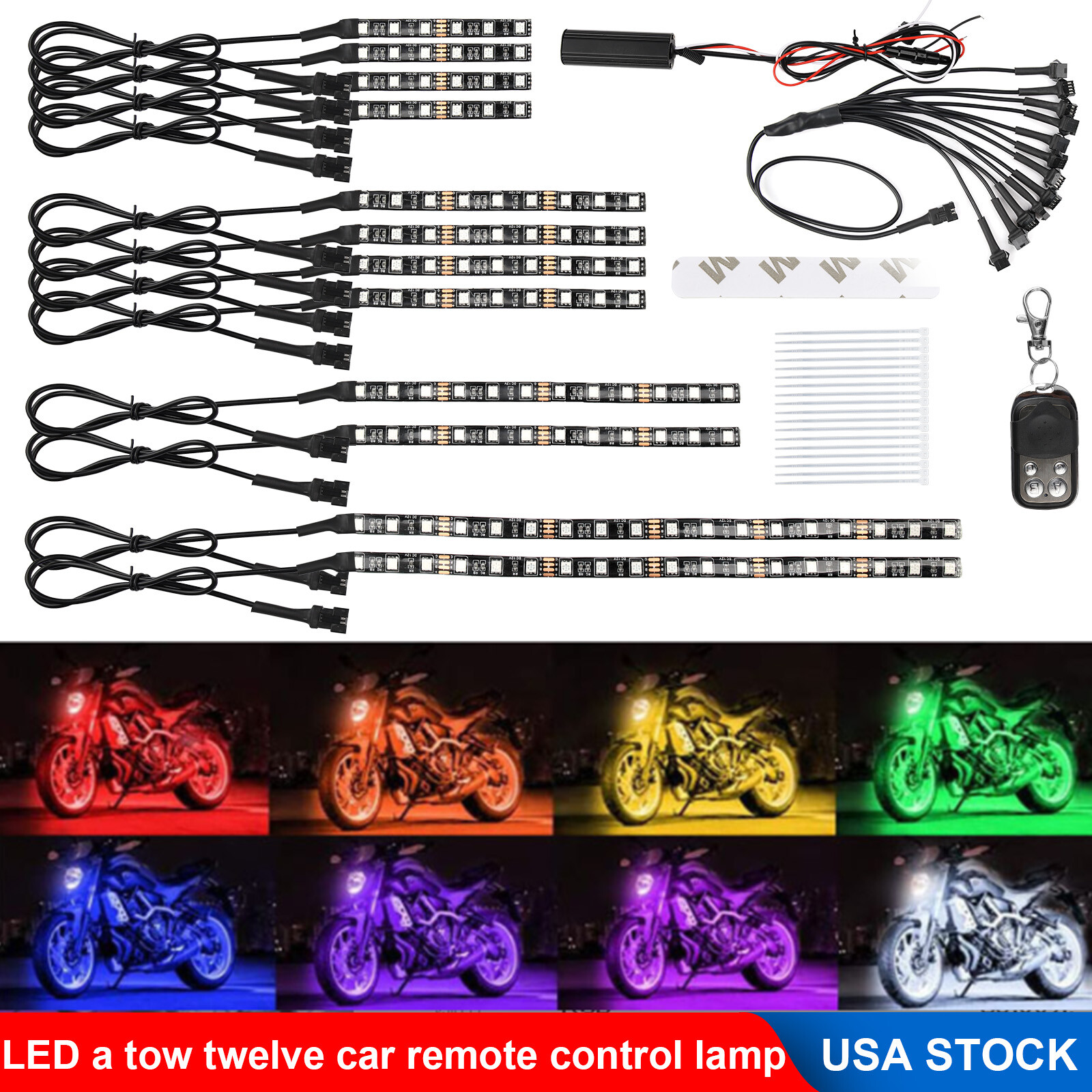 12/16pc Motorcycle RGB LED Strip Light Under Glow Neon Kit Bluetooth ...