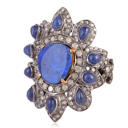 3.235ct Saphir Diamant Opale Doublet Floral Oxydé Bague 925 Argent ...