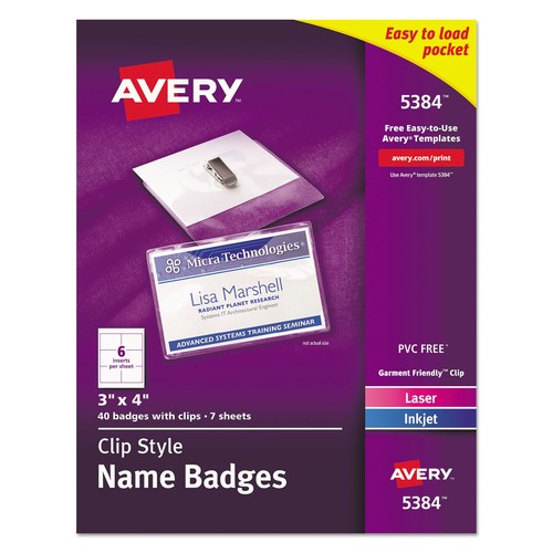 Avery Badge Holder Kit w/Laser/Inkjet Insert, Top Load, 3 x 4, White ...