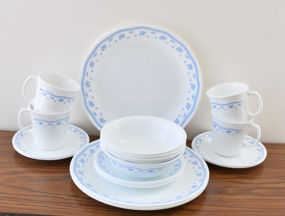 Set for 20 pieces Corning Morning Blue Dinnerware 4 table Settings | eBay