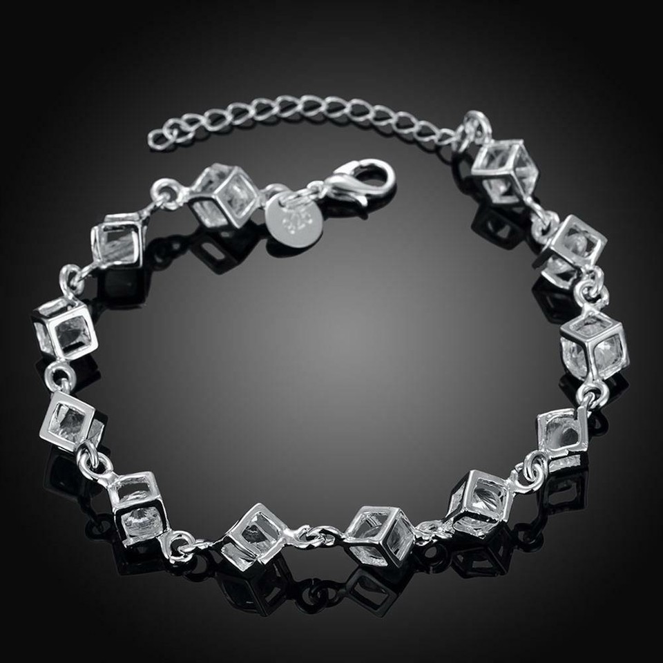 925 Sterling Silver Cube Bracelet Chain Link Sparkly Crystal Uk Seller ...