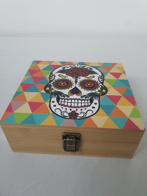 WOODEN ROLLING BOX STASH STORAGE BOX MEXICAN SKULL TATTOO SKULL DESIGN ...