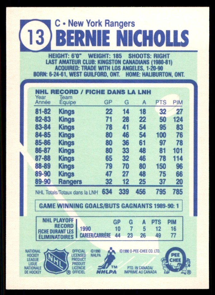 1990-91 O-Pee-Chee Bernie Nicholls . New York Rangers #13 | eBay