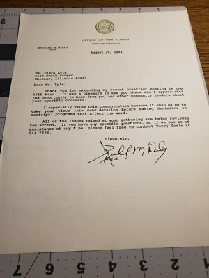 Richard M. Daley hand signed letter on Chicago's Mayor Office ...