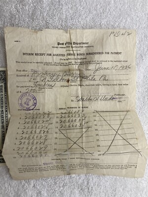 1936 Post Office Vintage Upper Darby PA Harris Bond Serial Number ...