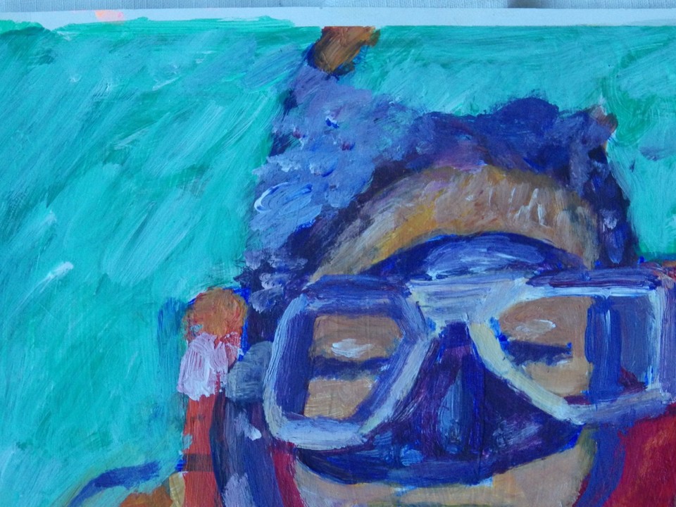 Painting, People, Acrylic on paper,27x22 cm, aqua, red, orange, New ...