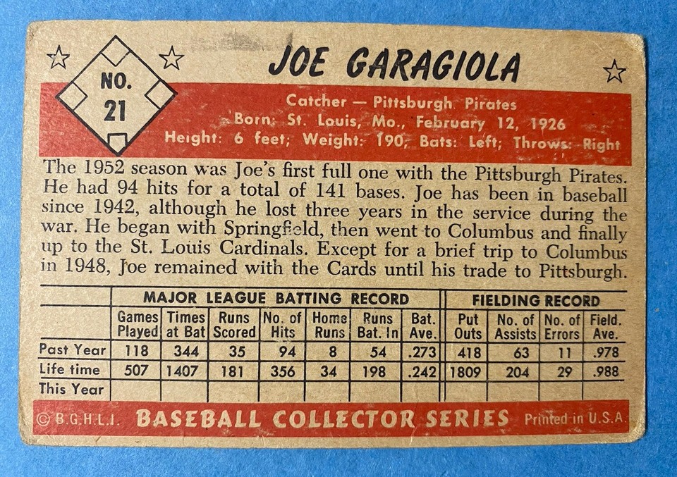 1953 Bowman # 21 Joe Garagiola Pittsburgh Pirates Baseball Announcer | eBay