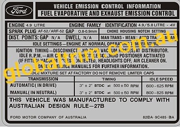 FORD ENGINE EMISSION LABEL DECAL STICKER XE V8 1982 4.9 FALCON S GHIA ...