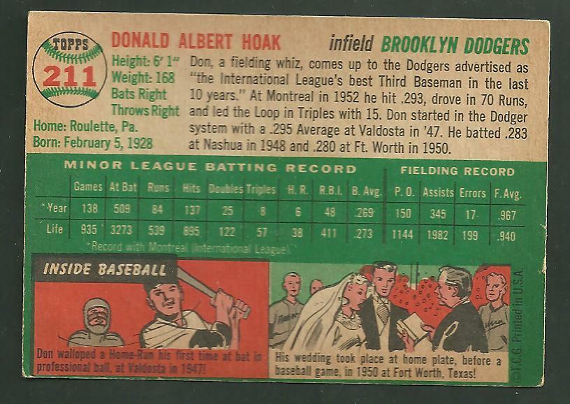 1954 Topps #211 Don Hoak Vintage Baseball Card Brooklyn Dodgers Infield ...