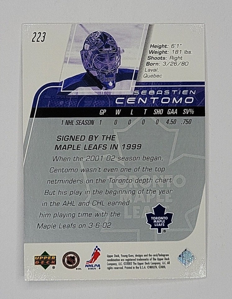 2002-03 UPPER DECK #223 SEBASTIEN CENTOMO YOUNG GUNS RC TORONTO MAPLE ...