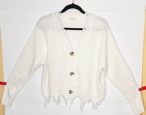 Jolie & Joy By FCT Ivory White Distressed Frayed Button Up Crop Sweater ...